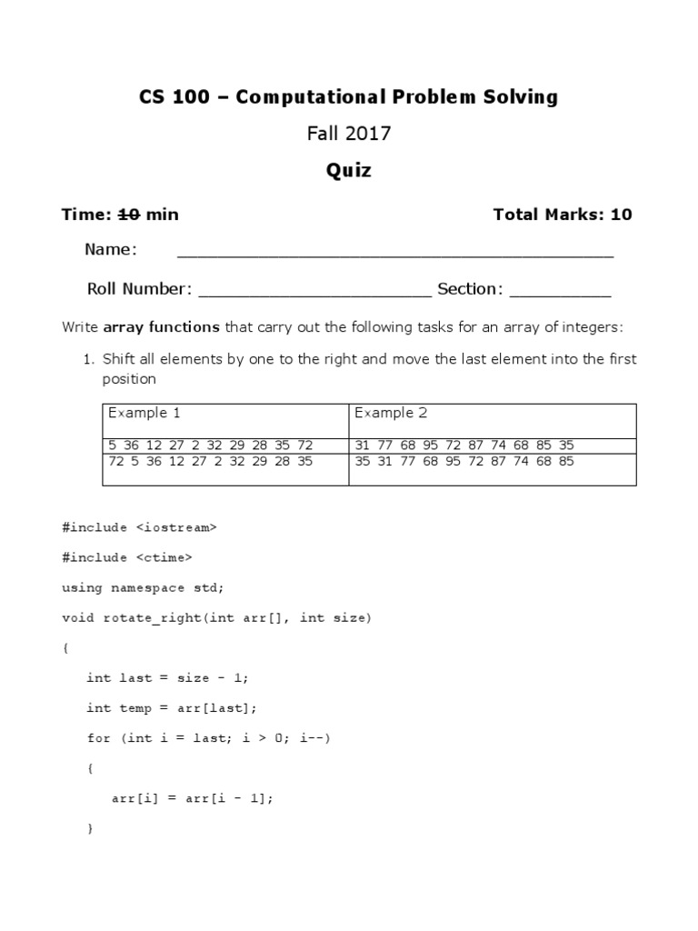 CS 100 Quiz Array Functions | PDF | Computer Programming | Areas Of ...