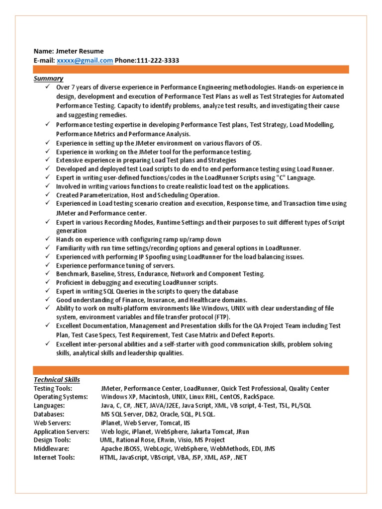 Name: Jmeter Resume E-Mail: Phone:111-222-3333 | Download Free PDF | Web Service | Scripting ...