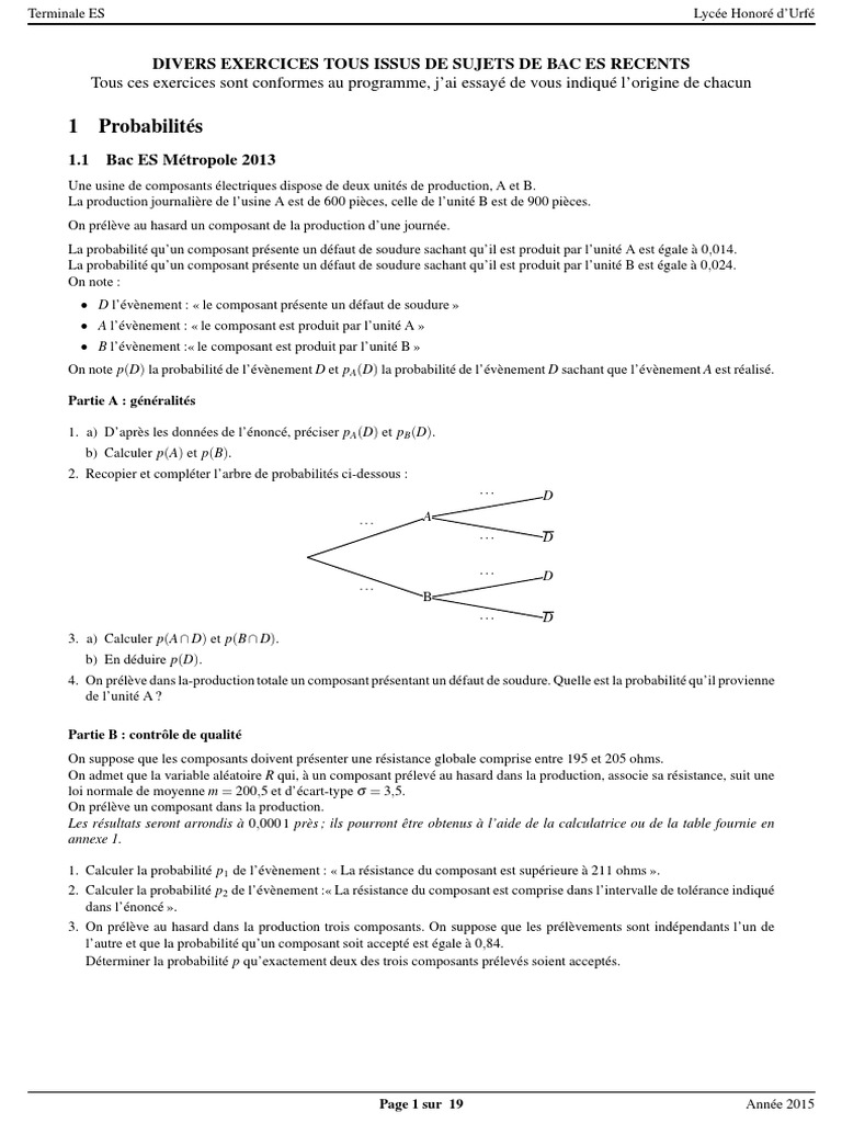 Exercices de Probabilités Bac ES 2023 | PDF | Loi normale | Probabilité