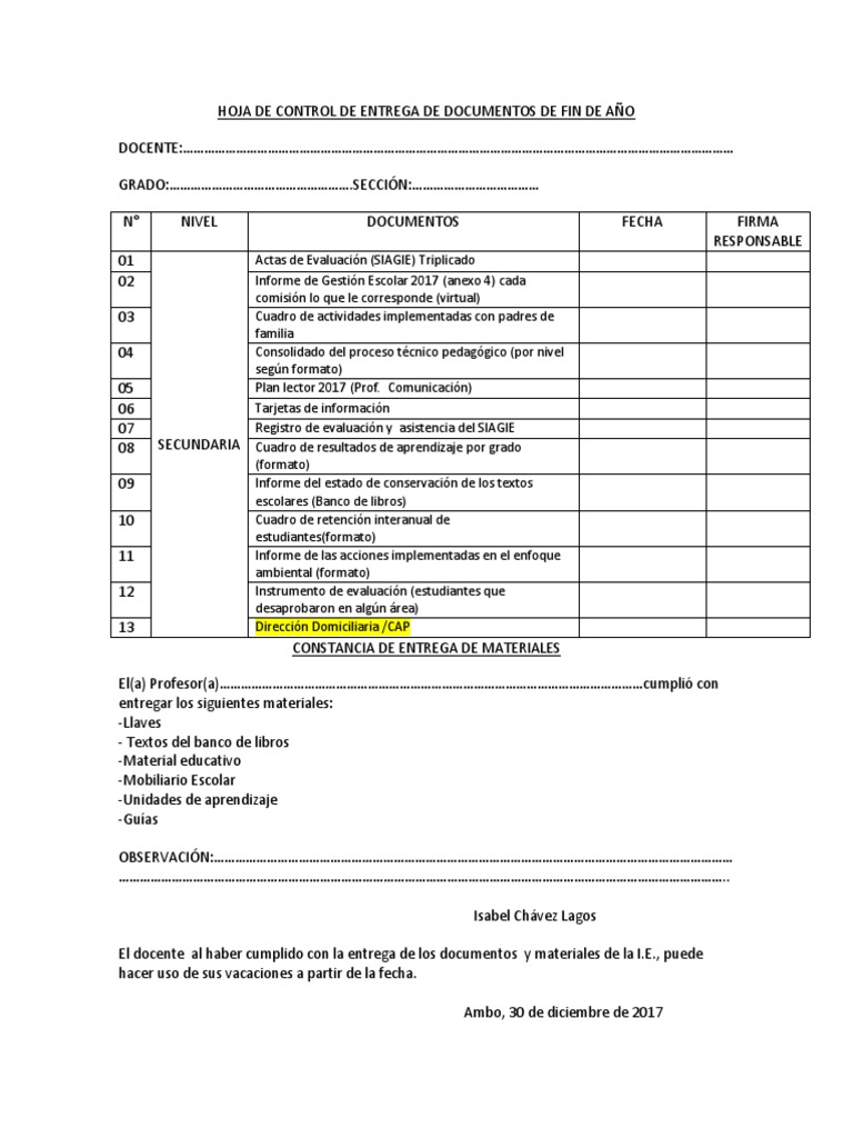 Hoja de Control de Entrega de Documentos de Fin de Año | PDF | Maestros ...