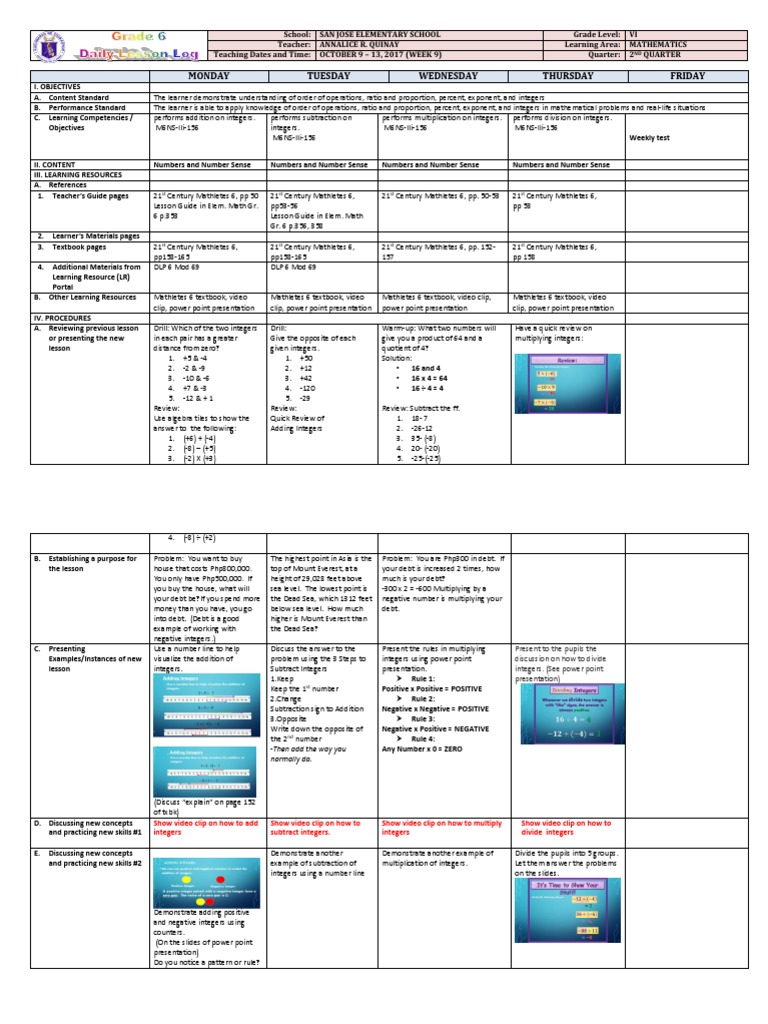 DLL Math 6 q2 Week 9 | PDF | Subtraction | Multiplication