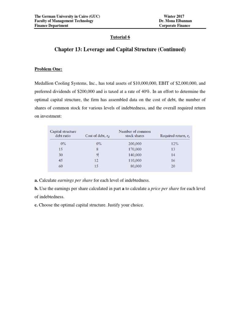 Chapter 13: Leverage and Capital Structure (Continued) : Tutorial 6 | PDF