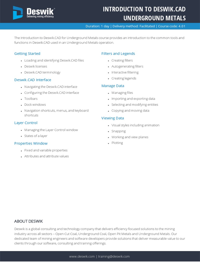 4.01 Intro To Deswik - Cad For Underground Metals | PDF
