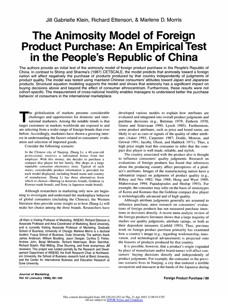Animosity Foreign Empirical People's Republic: The Model of Product ...