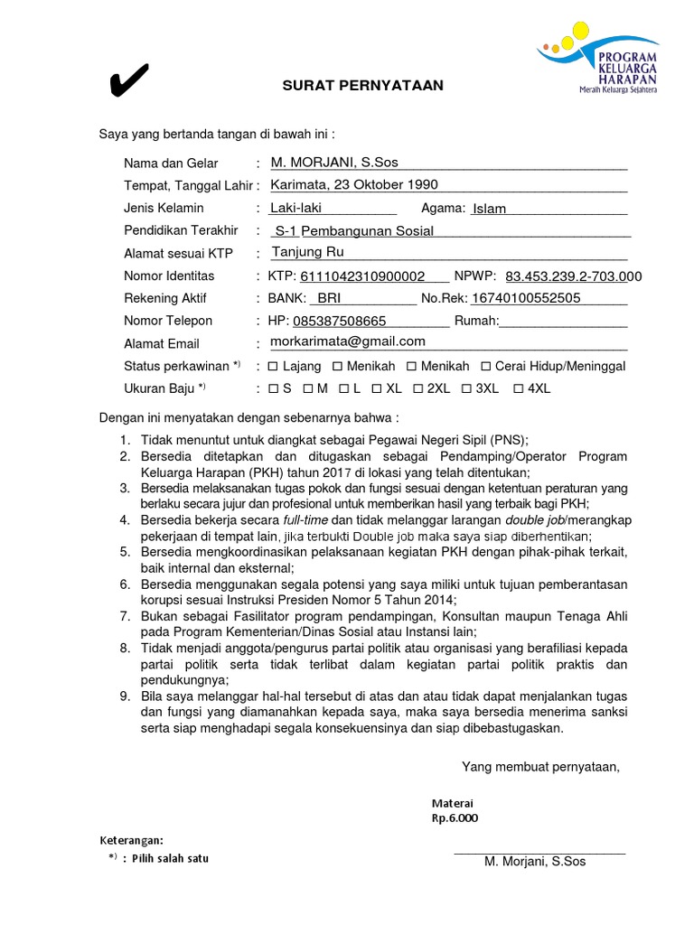 Surat Pernyataan PKH | PDF
