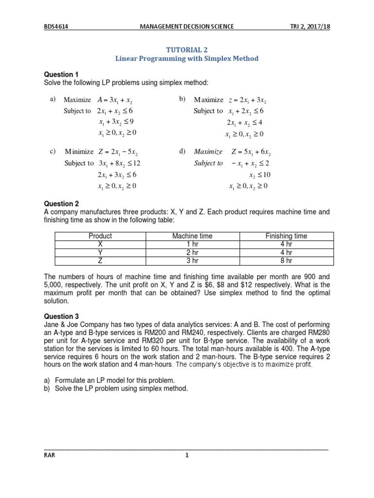 Tutorial 2 | Download Free PDF | Linear Programming | Systems Science