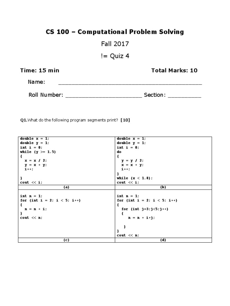 CS 100 - Computational Problem Solving: Fall 2017 ! Quiz 4 | PDF