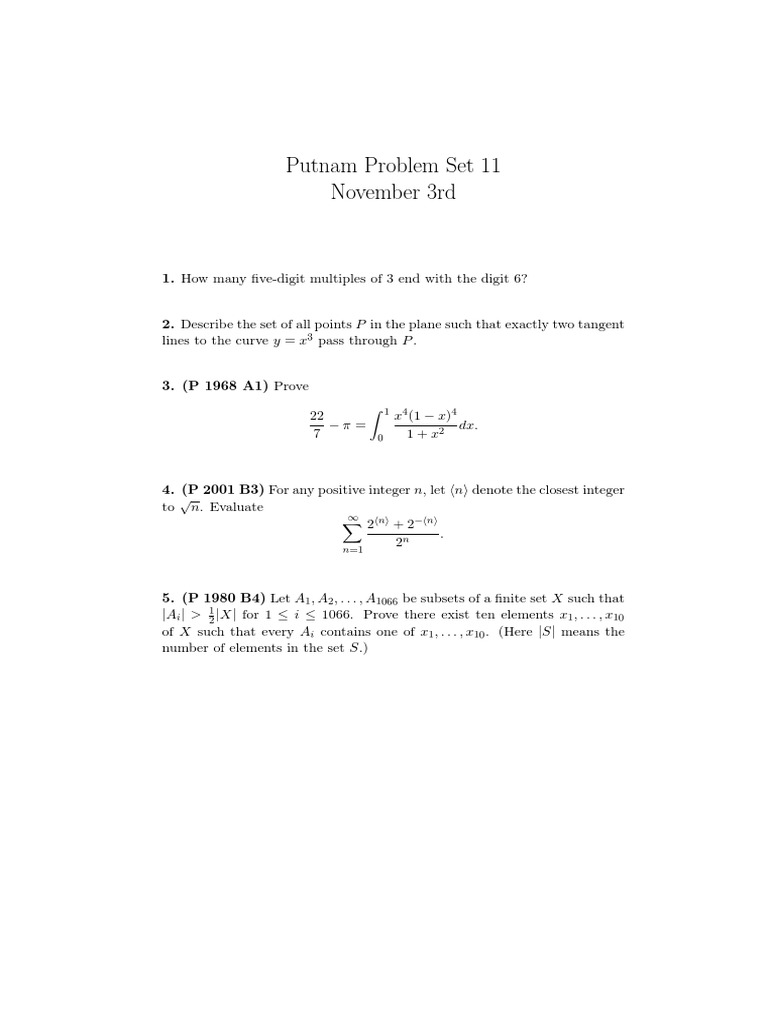 Putnam Problem Set 11 November 3rd | PDF