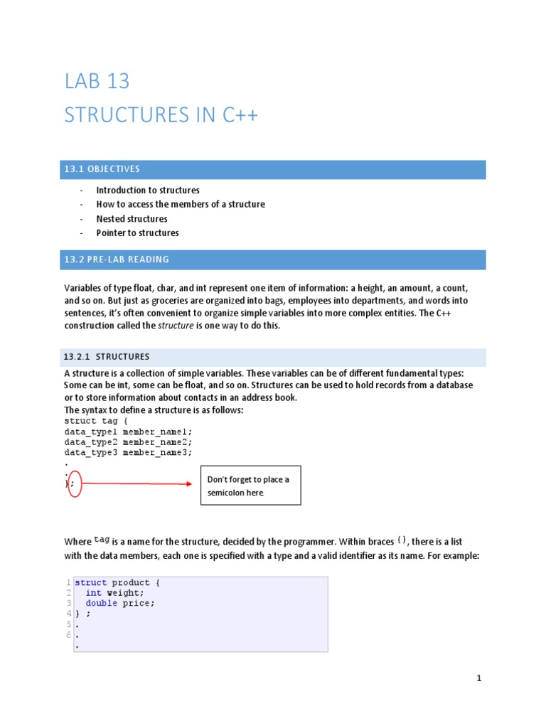 LAB 13 Structures in C++: 13.1 Objectives | PDF | Data Type | Pointer ...
