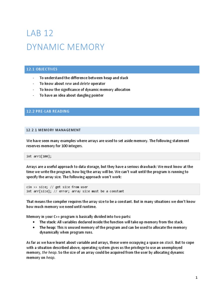 Lab 12 Dynamic Memory 121 Objectives Pdf Pointer Computer Programming Array Data Structure 