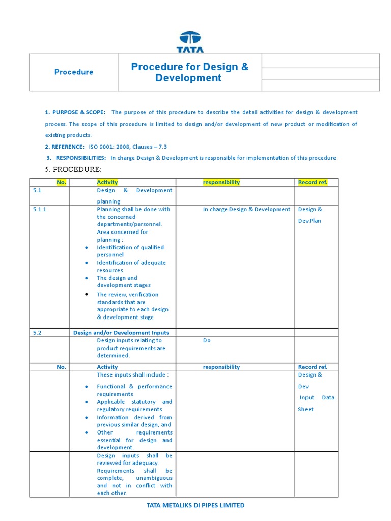 03) Procedure For Design & Development | PDF | Verification And Validation | Input/Output