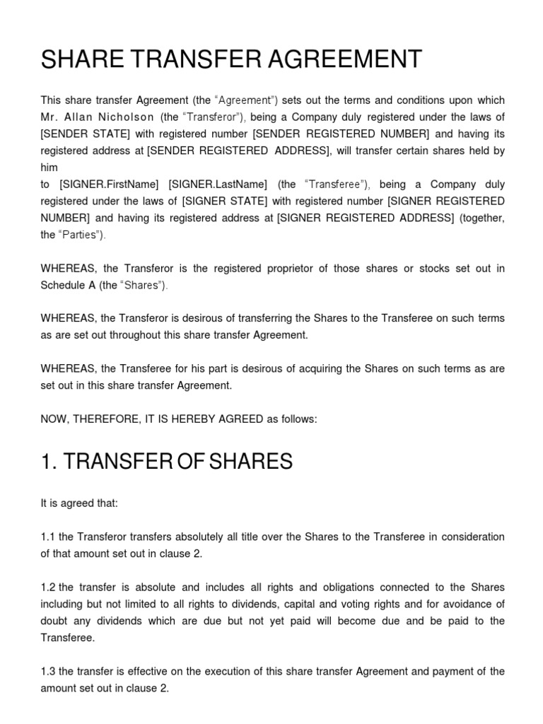 Share Transfer Agreement Template | PDF | Indemnity | Trust Law