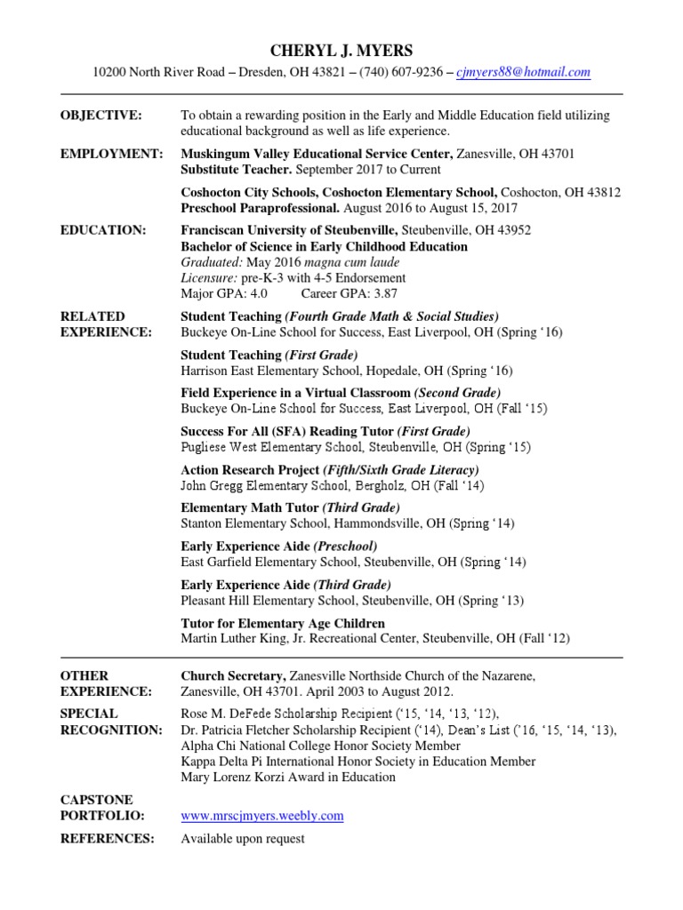 Cheryl J Myers Resume 12-25-17 | PDF | Learning | Educational Stages