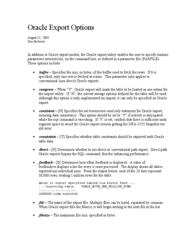 Oracle Export Options | Oracle Database | Parameter (Computer Programming)