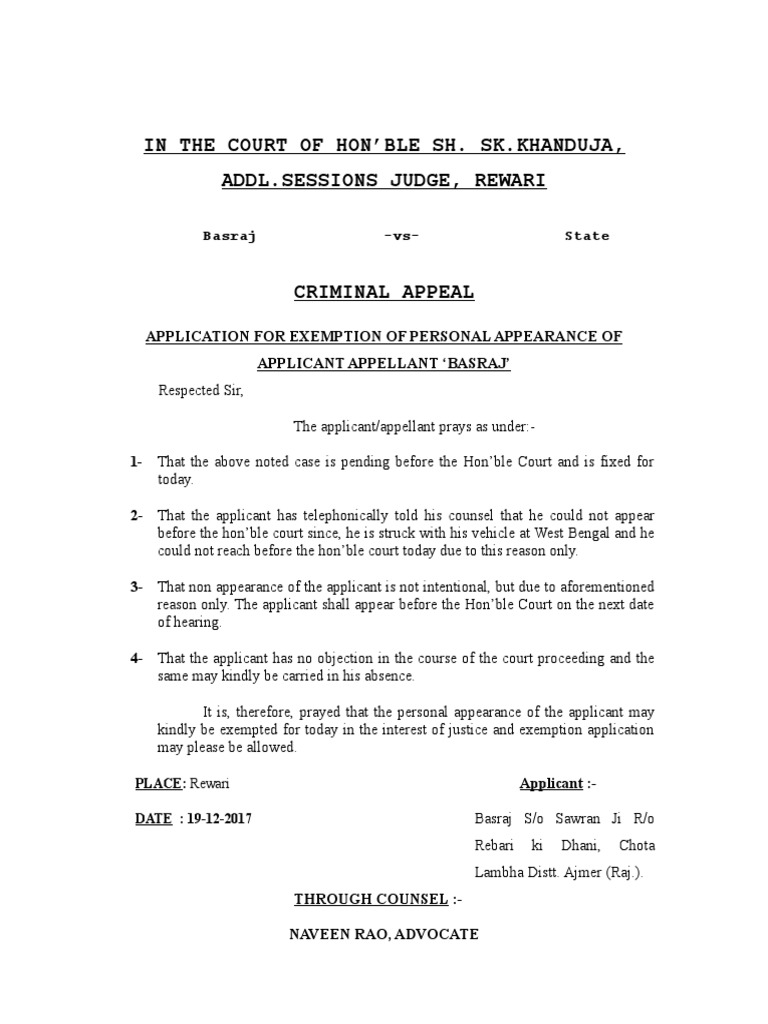 Exemption Application of Basraj | PDF