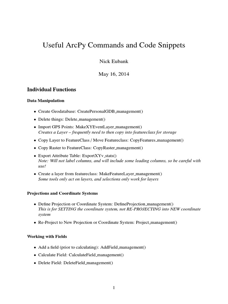 Useful Arcpy Commands and Code Snippets: Nick Eubank May 16, 2014 | PDF ...
