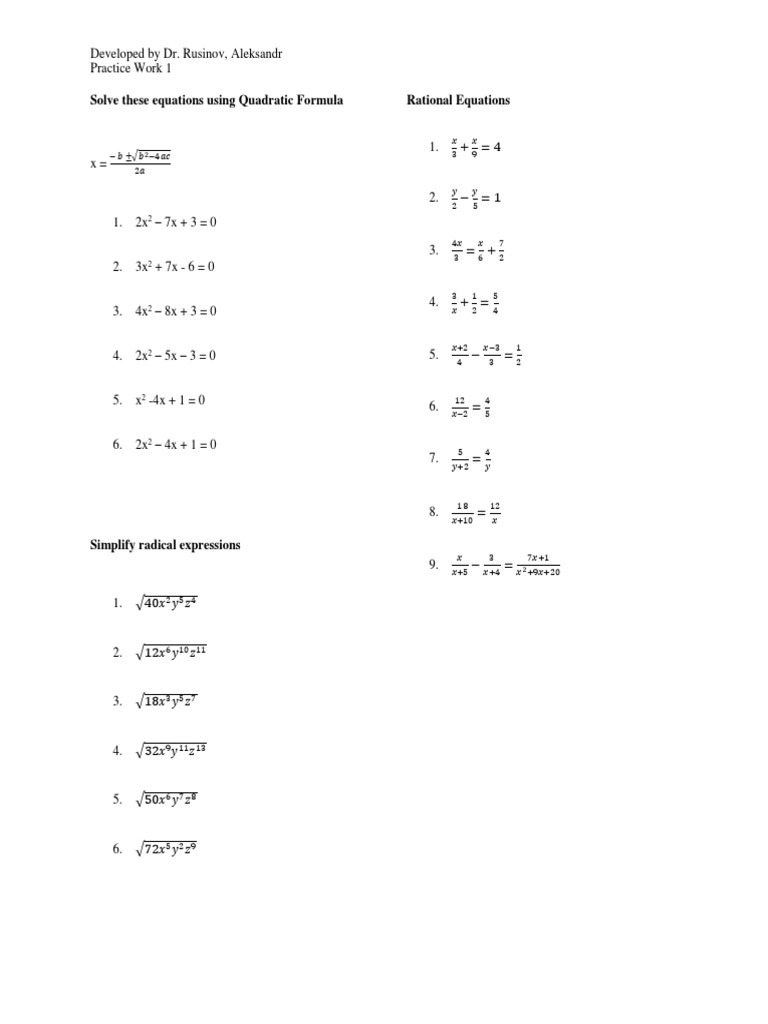Practice 3, Quadratic Formula, Rational Equations, Radicals | Download ...