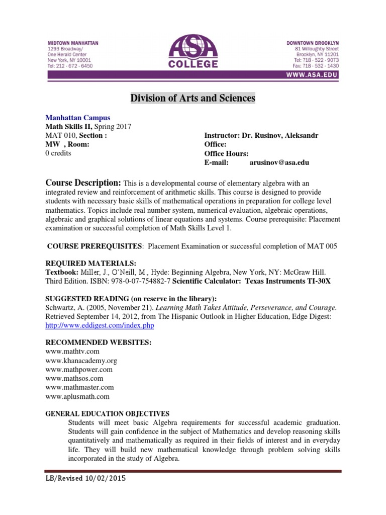 Math Skills II Syllabus: An Overview of Elementary Algebra, Linear ...