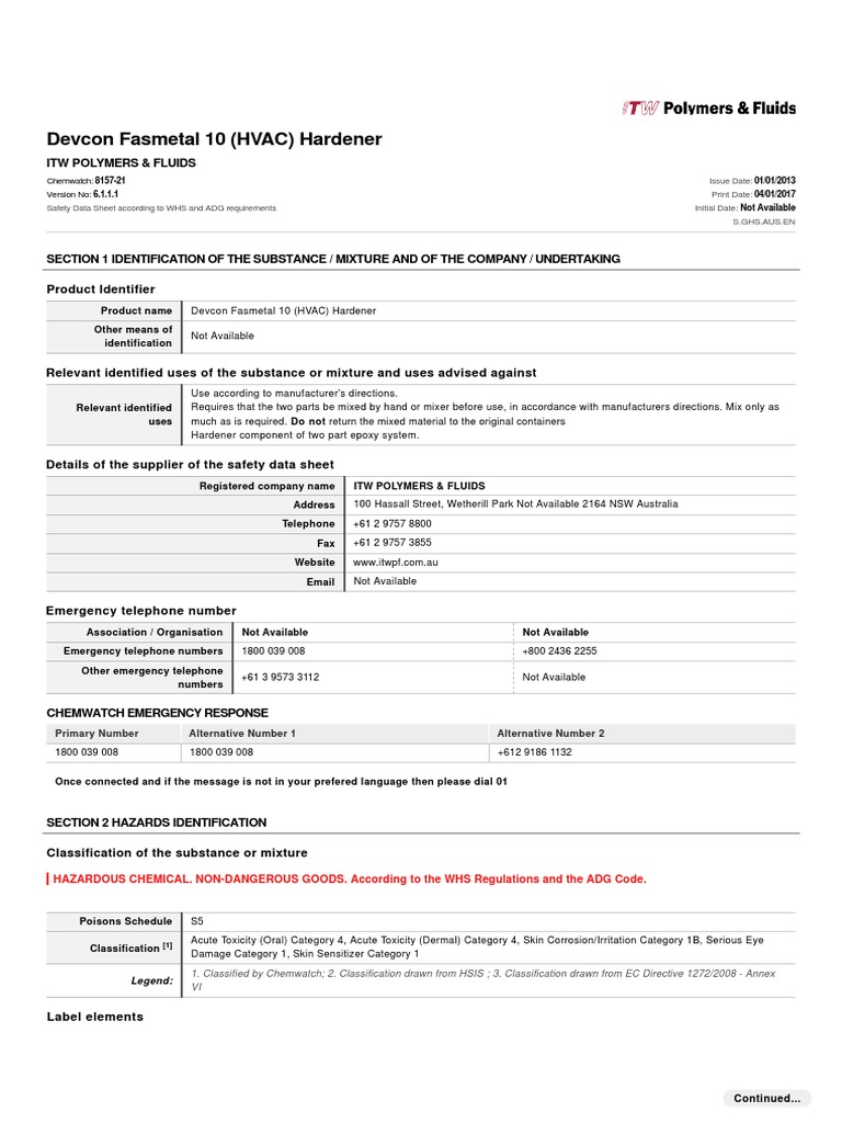 Devcon Fasmetal 10 (HVAC) Hardener 19770 | PDF | Toxicity | Dangerous Goods