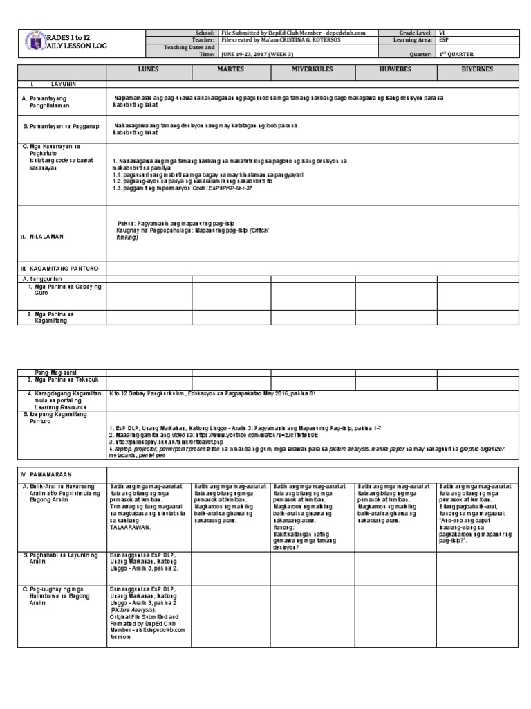 DLL Edukasyon Sa Pagpapakatao 6 q1 w3 | PDF