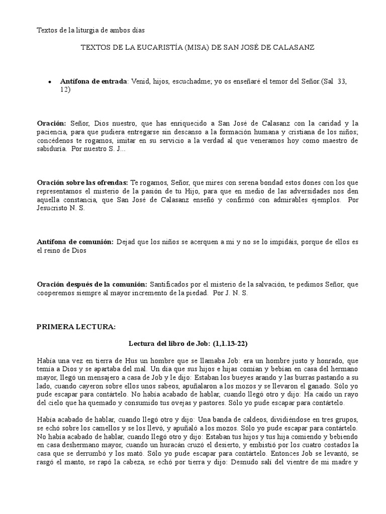 Textos Misas Calasanz y Pompilio | PDF | eucaristía | Misa (liturgia)