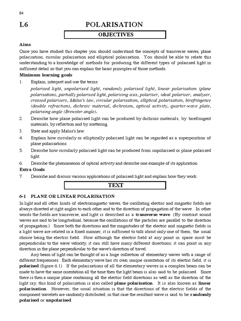 L6 Polarisation: Objectives | PDF | Polarization (Waves) | Optics