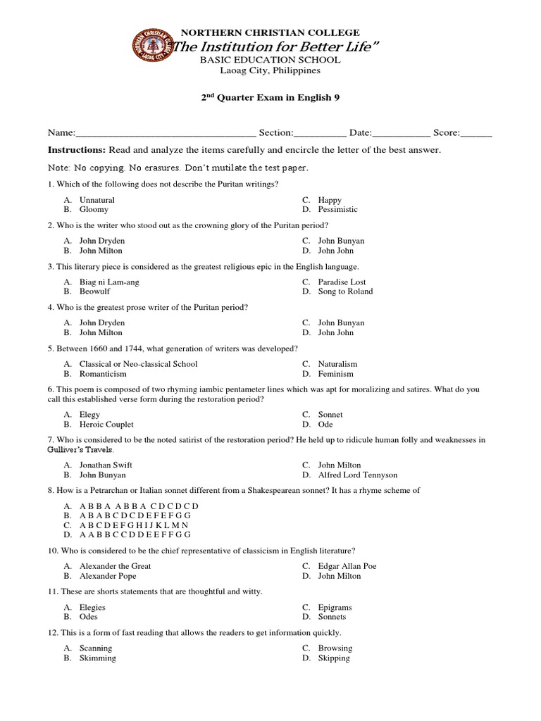 Grade 9 (2nd Quarter Exam).docx | Narration | Sonnets | Free 30-day ...