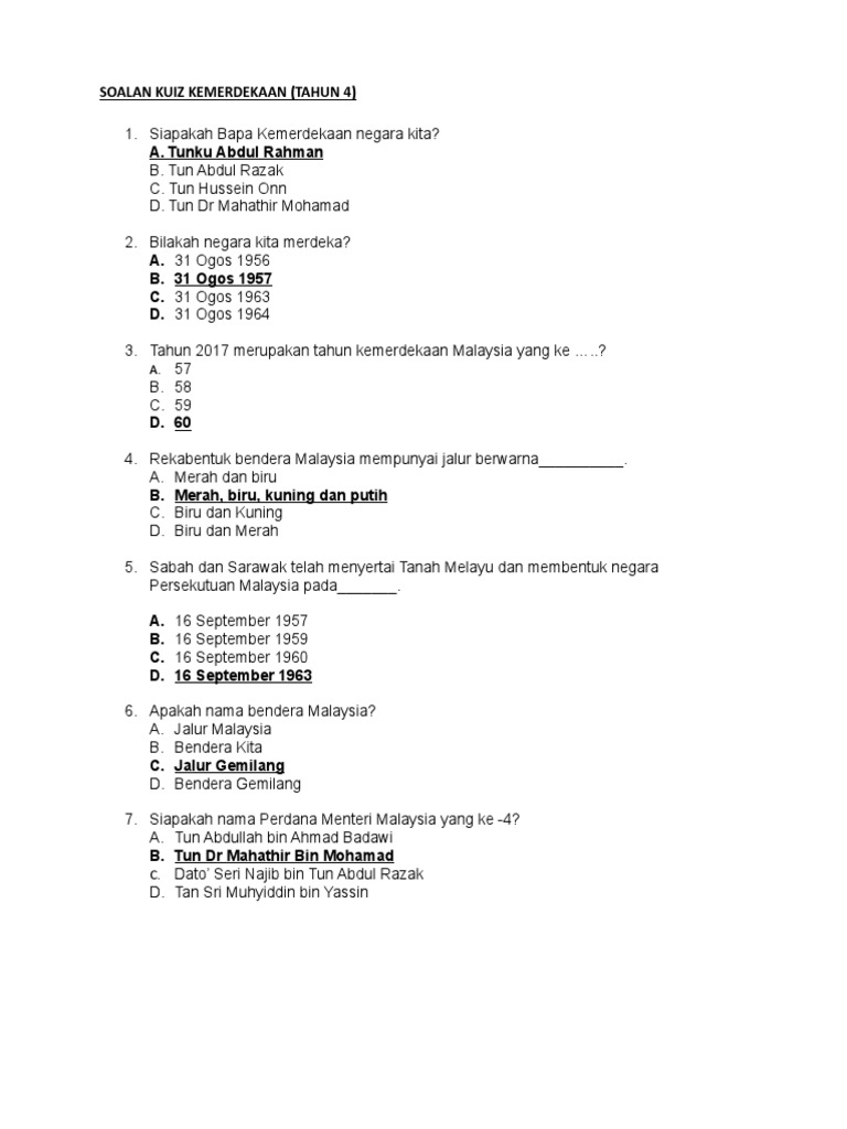 Soalan Kuiz Kemerdekaan t4 | PDF