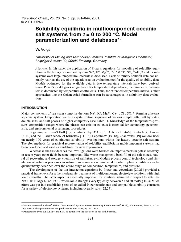 Solubility Equilibria in Multicomponent Oceanic Salt Systems From T 0 ...