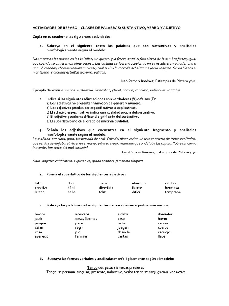 Actividades de Repaso - Clases de Palabras | PDF | Adjetivo | Sustantivo