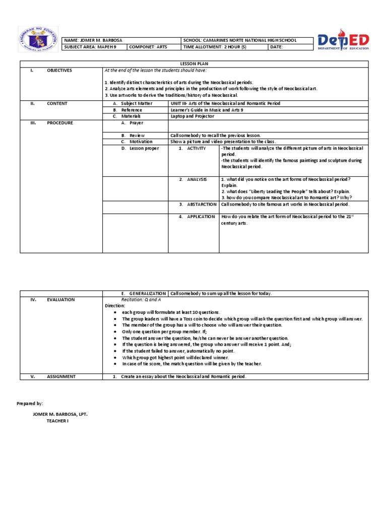 Neoclassical and Romantic Art Lesson Plan | PDF | Lesson Plan | Pedagogy