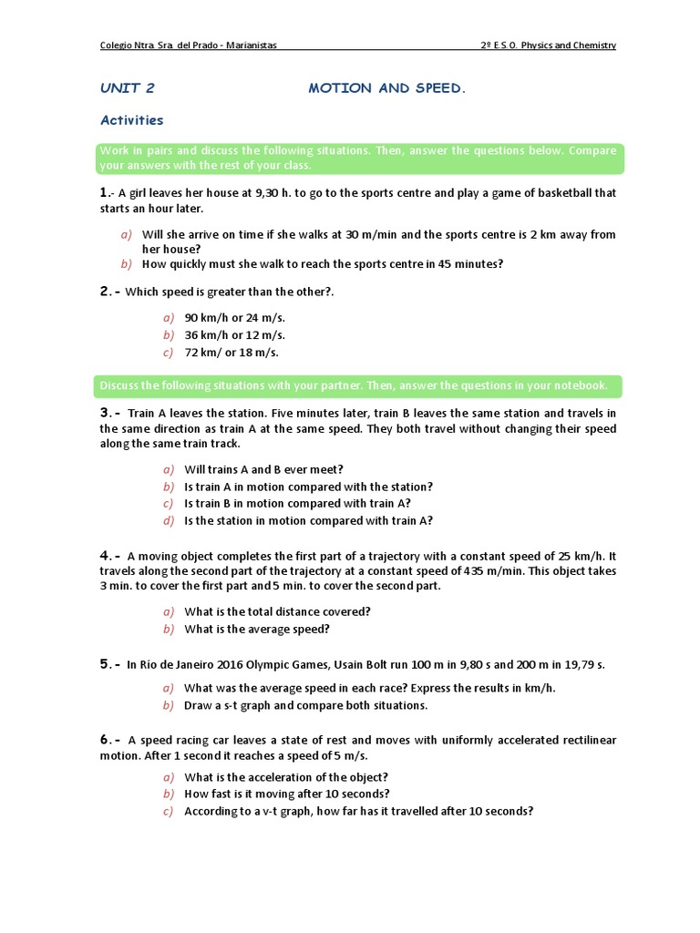 Motion and Speed Activities for 2º E.S.O. | PDF