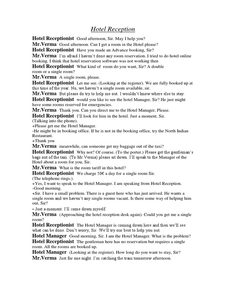 Hotel Reception Dialogue and Procedures | PDF | Hospitality Industry ...