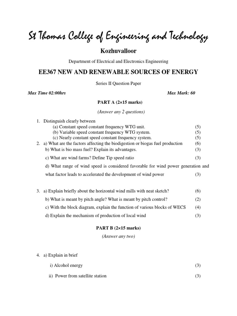 EE367 Renewable Energy Question Paper | PDF | Wind Power | Fuels