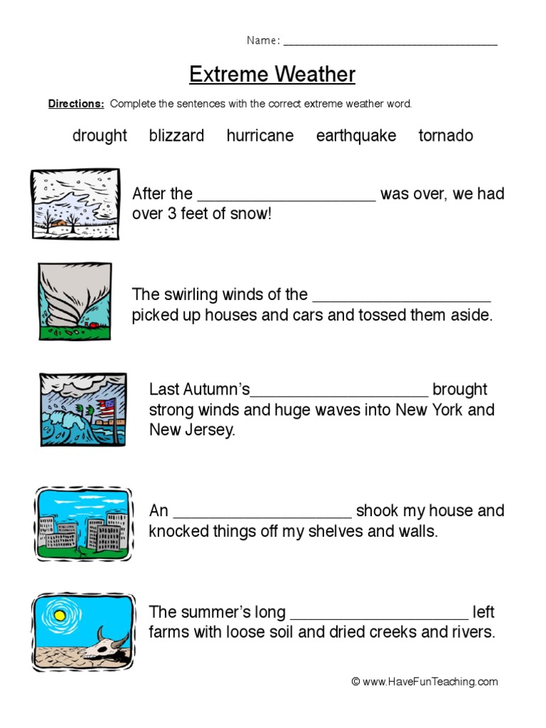 Natural Disasters Worksheet 1