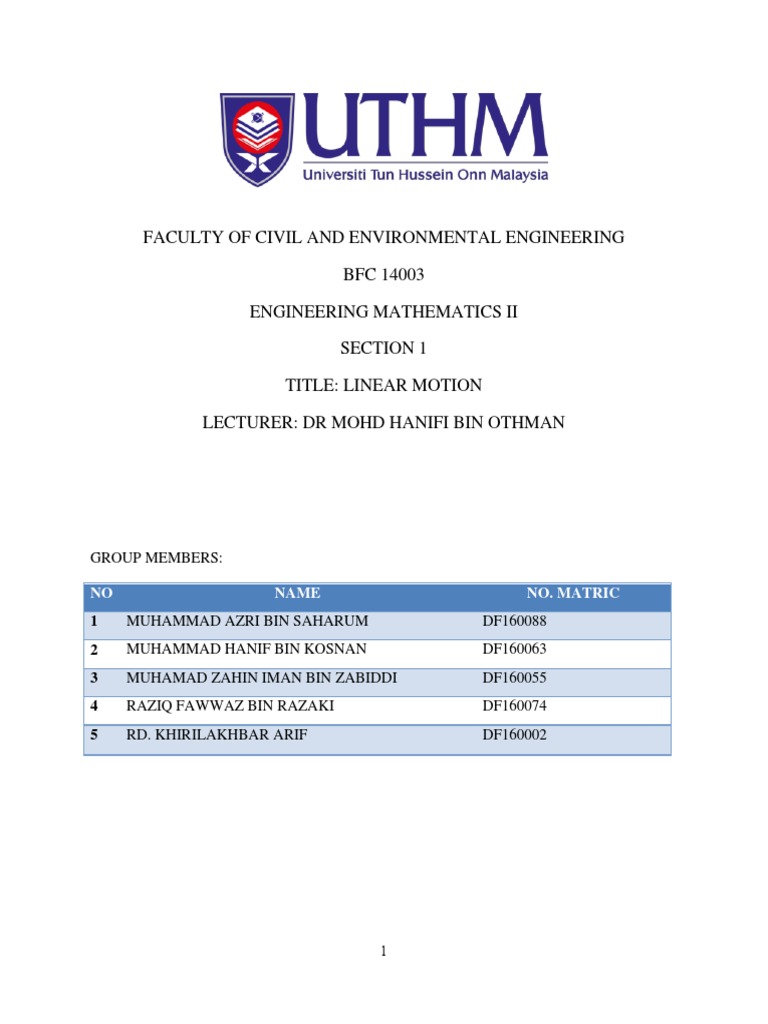 Report Project Mathematic ENGineering 2 UTHM | Acceleration | Velocity