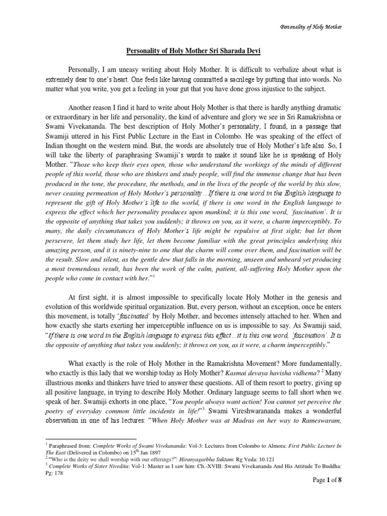 Personality of Holy Mother Sri Sharada Devi | PDF | Sarada Devi ...