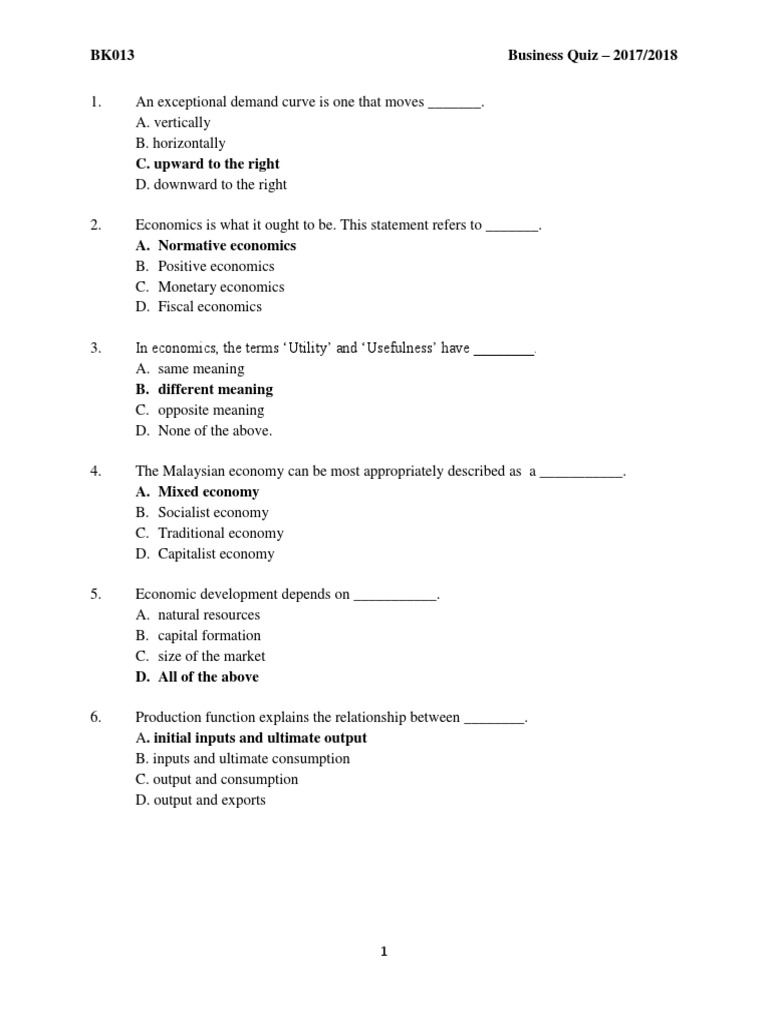 Eco Quiz Answers | PDF | Economics | Economic Surplus