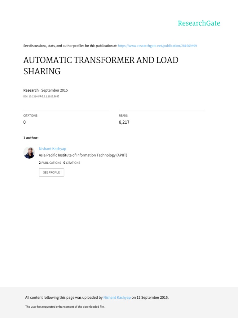 Automatic Transformer and Load Sharing: September 2015 | PDF | Electric ...
