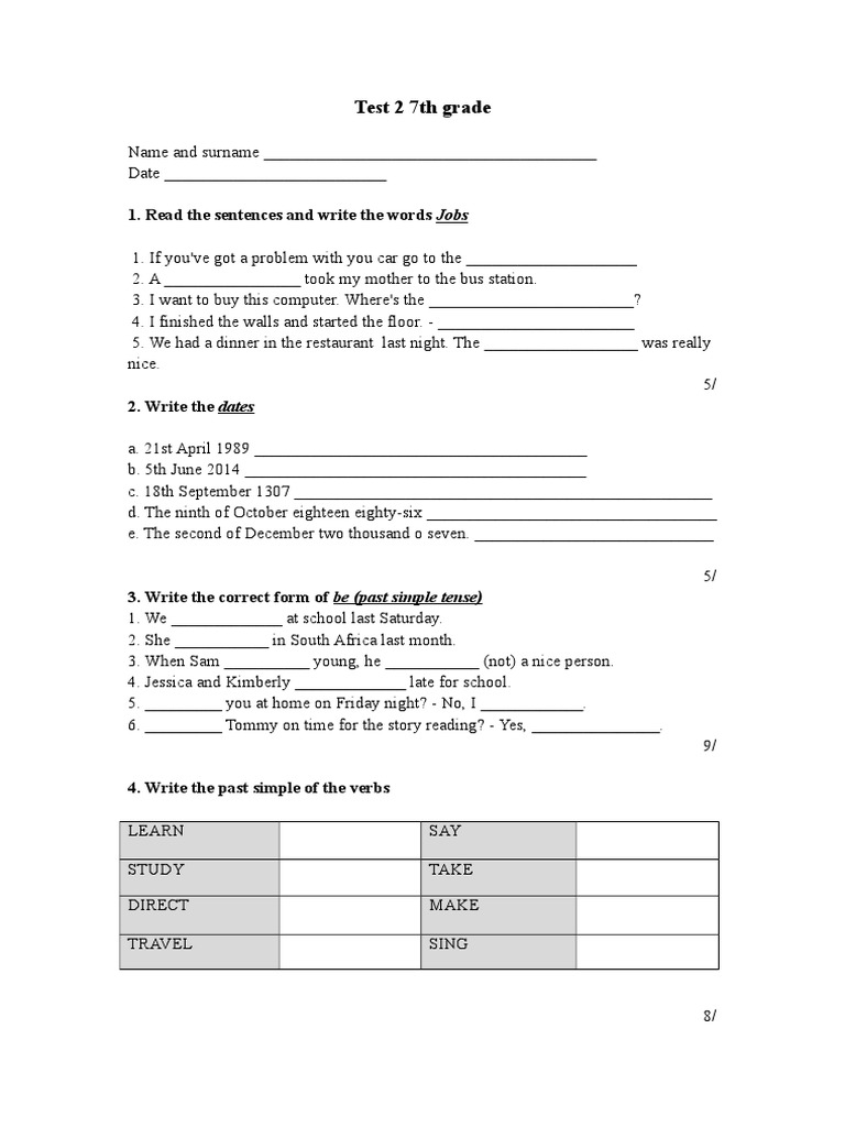 Test 2 7th Grade: 1. Read The Sentences and Write The Words Jobs | PDF ...