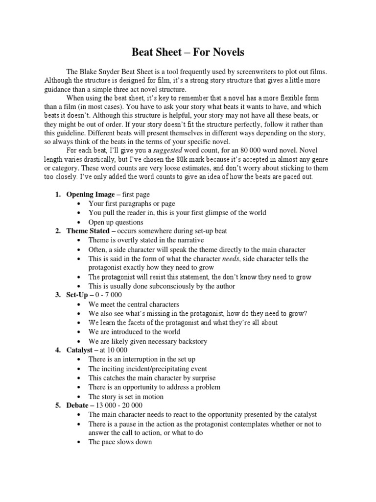 Beat Sheet - For Novels: 1. Opening Image - First Page | PDF | Plot ...