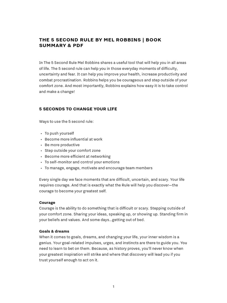 The 5 Second Rule By Mel Robbins Book Summary Pdf 5 Seconds To