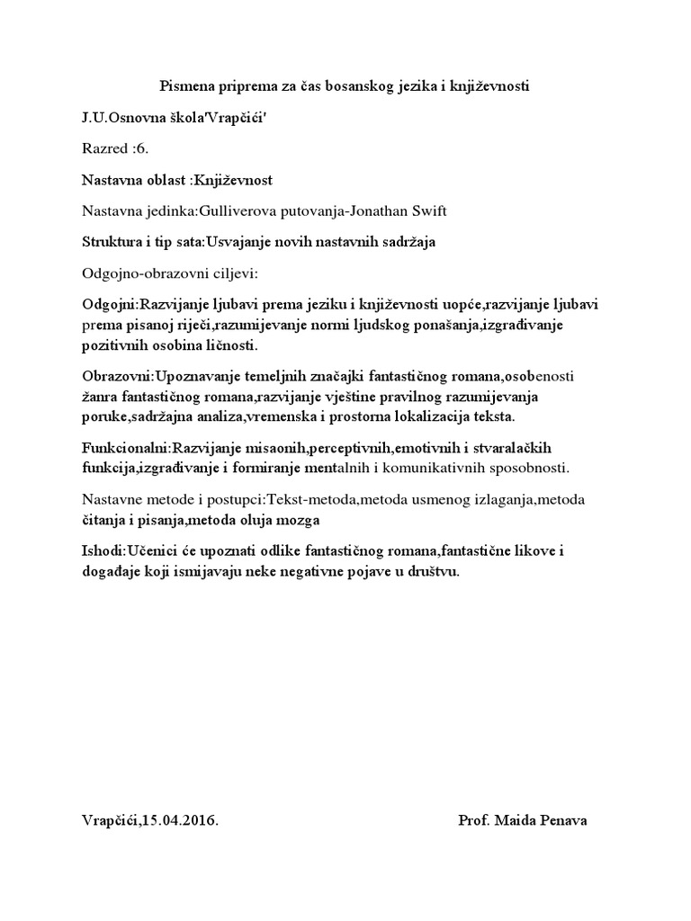 Pismena Priprema Za Čas Bosanskog Jezika I Književnosti Za VI Razred | PDF