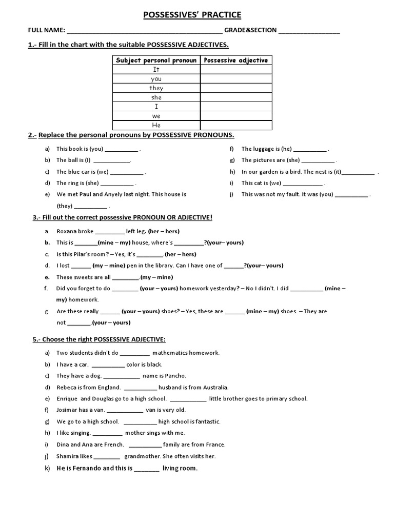 Possessives' Practice: 1.-Fill in The Chart With The Suitable ...