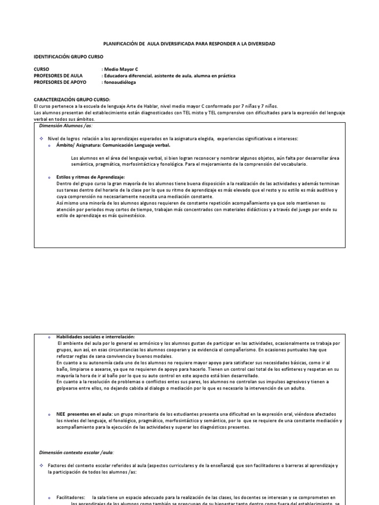Planificación de Aula Diversificada para Responder A La Diversidad | PDF | Salón de clases ...