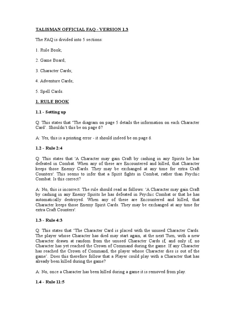 Talisman Official FAQ v1.3 (v1.12) | PDF | Leisure