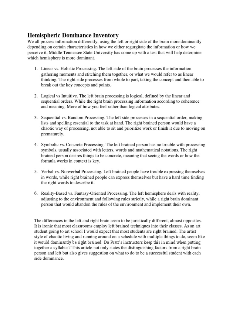 Hemispheric Dominance Inventory Introduction | PDF | Lateralization Of ...