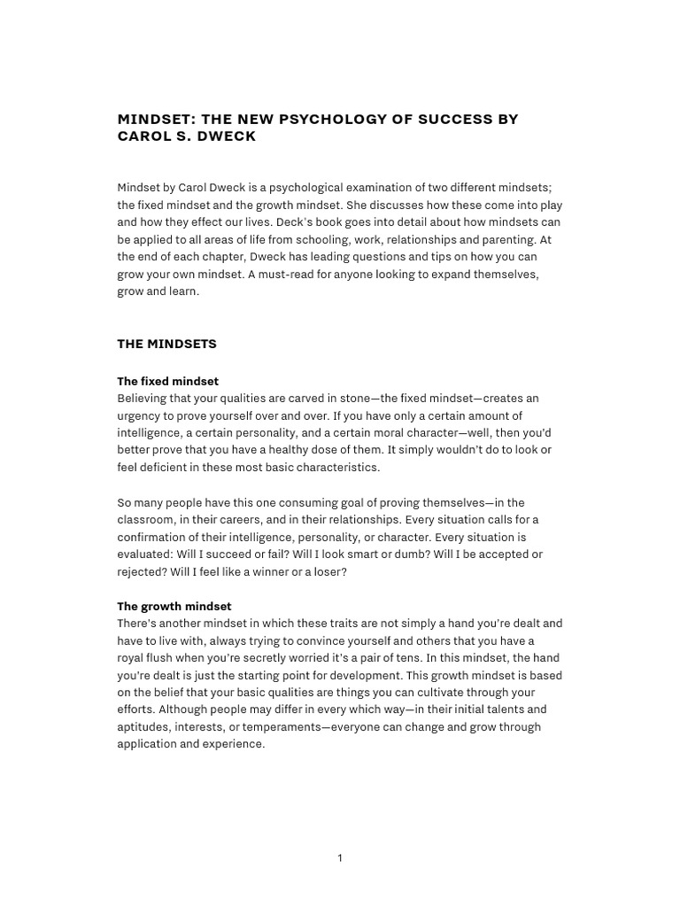 Mindset By Carol Dweck Book Summary And Pdf Pdf Mindset Self Esteem