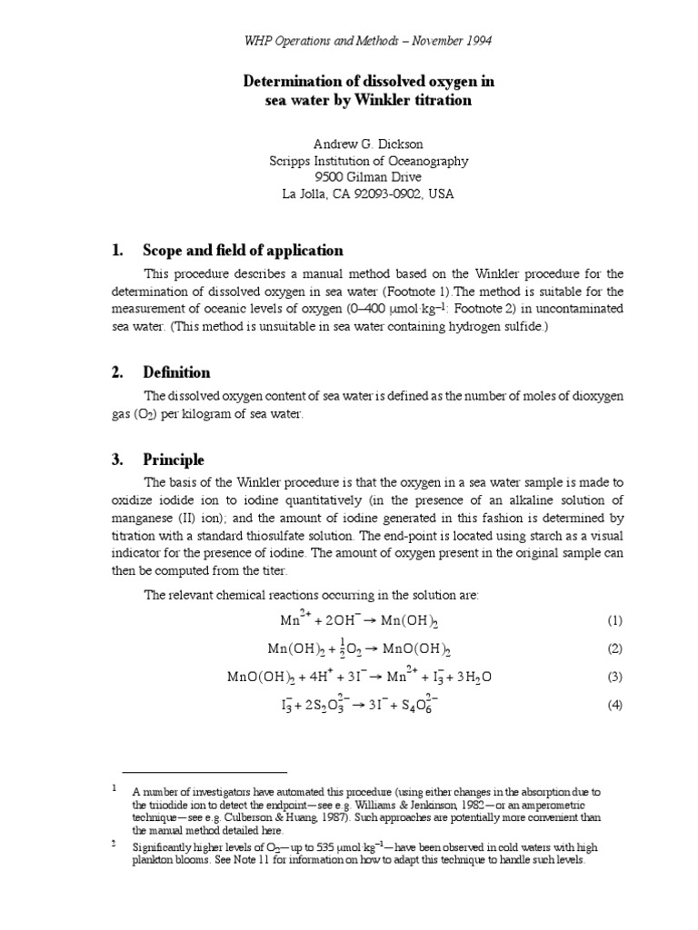 Determination of Dissolved Oxygen in Sea Water by Winkler Titration ...