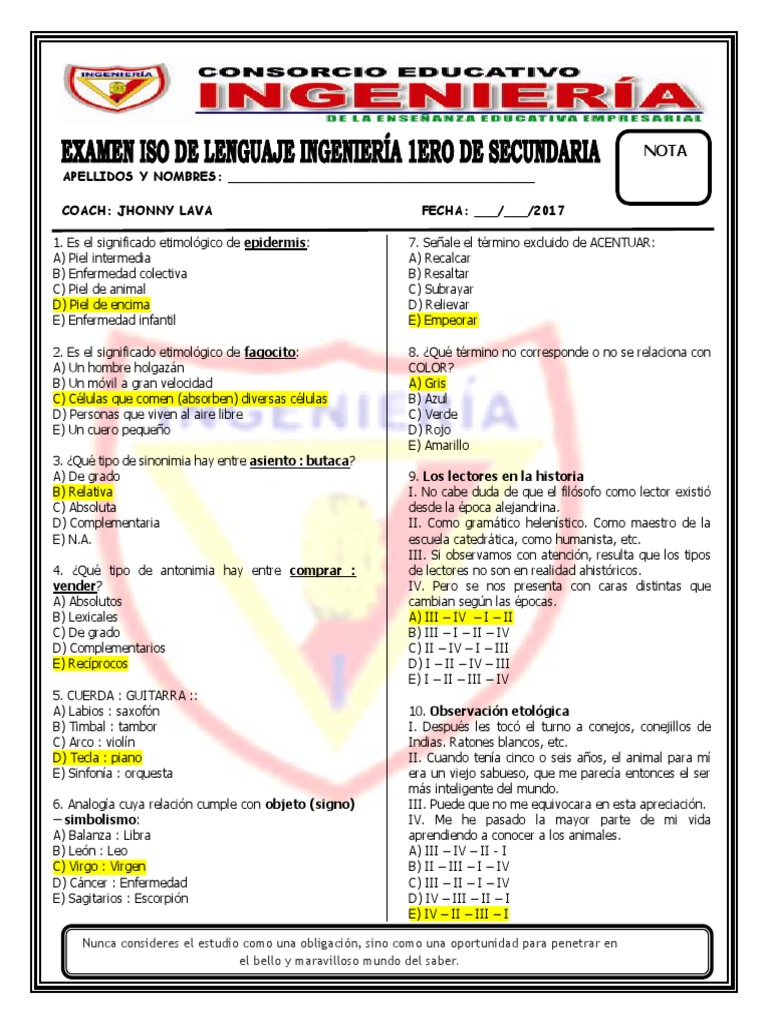 Iso Ingenieria 2017 - Lenguaje - 1ero Sec - 4b | PDF | Entretenimiento (general)
